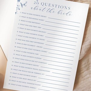 20 Questions About the Bride, Navy Blue Floral Vintage Bridal Shower ...