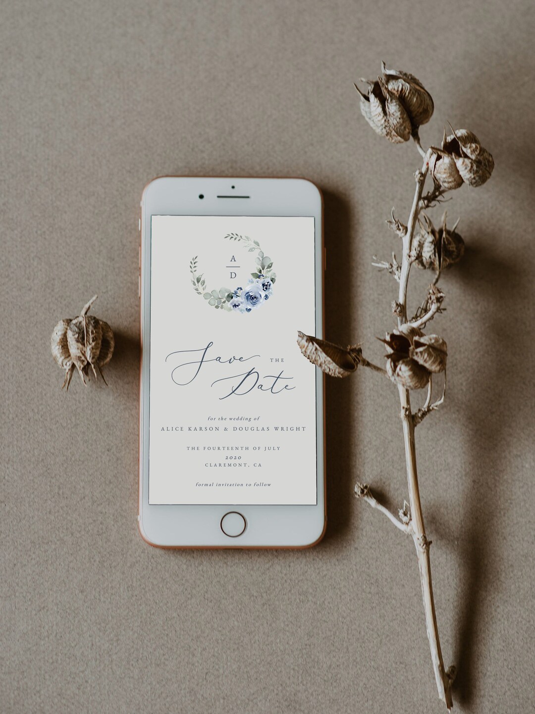 Text Message Save the Date Template, Blue Floral Save the Date ...