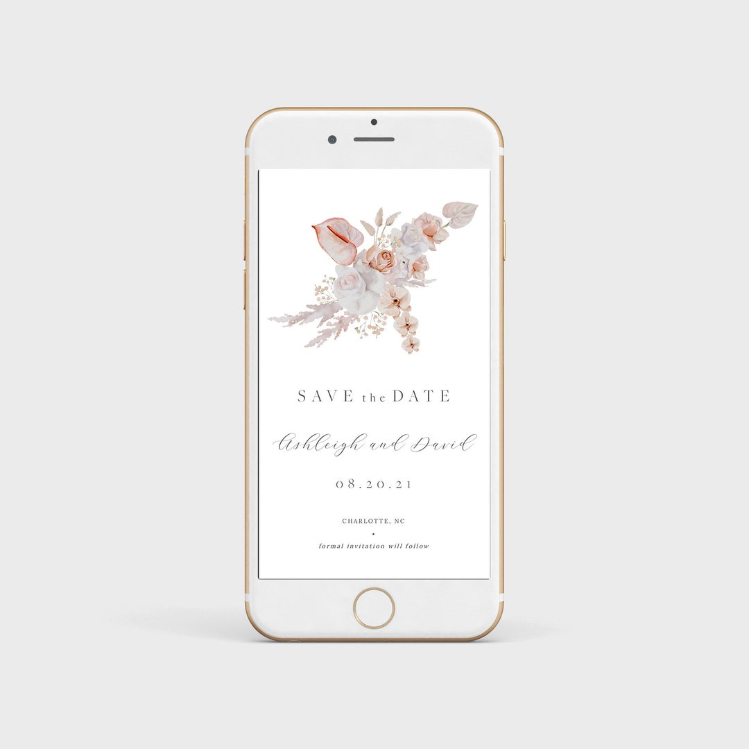 Text Message Save the Date Template, Blush Floral, Orchid, Pampas ...