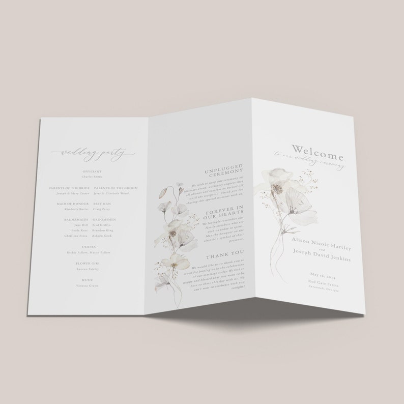 Trifold Wedding Program Template White Floral Wedding - Etsy