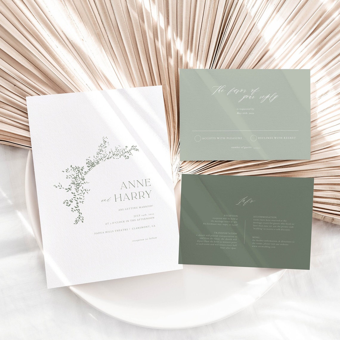 Sage Green Wedding Invitation Template, Editable Invite, Greenery ...