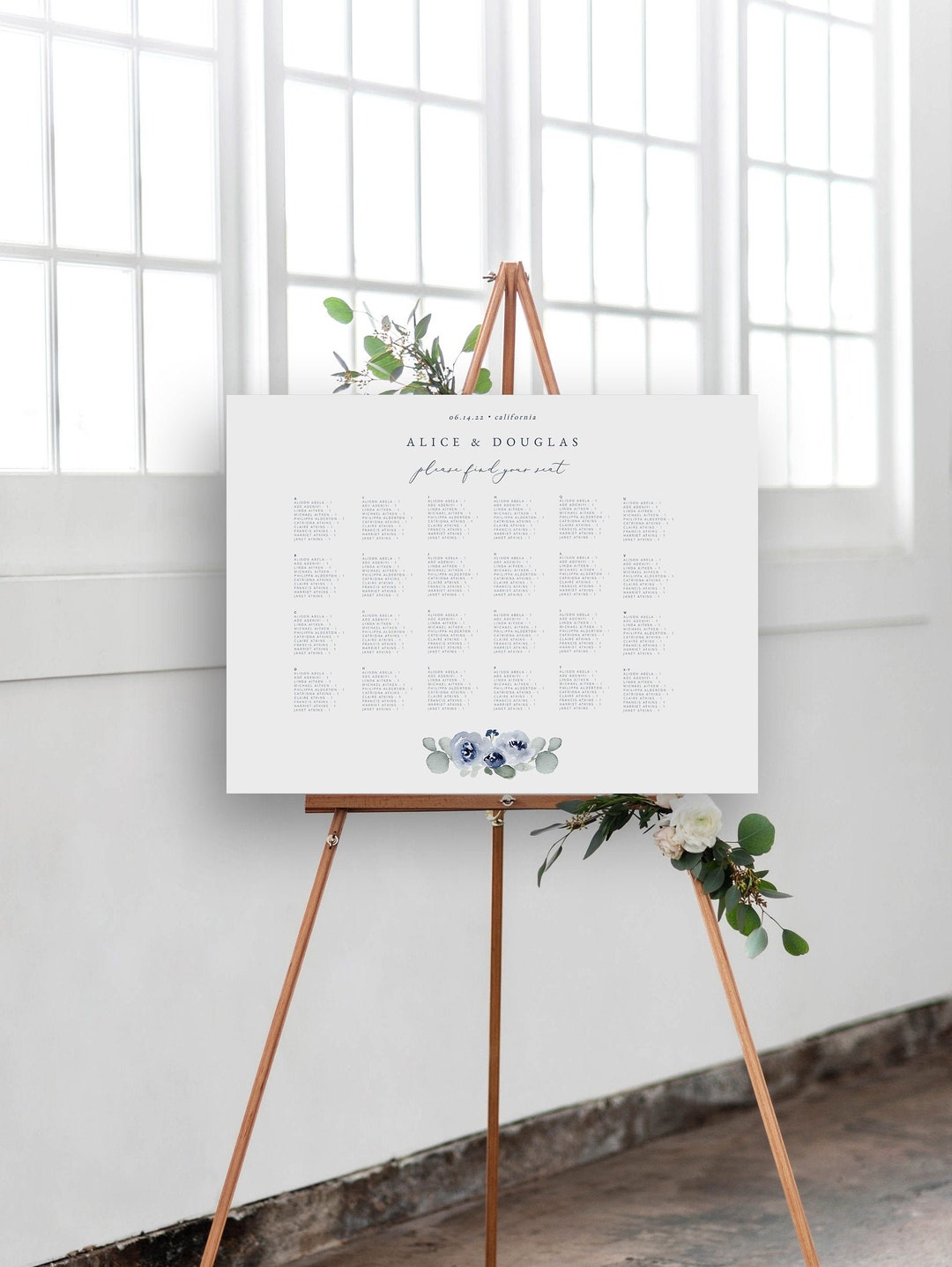 Blue Floral Seating Chart, Dusty Blue Seating Chart Template, Seating ...