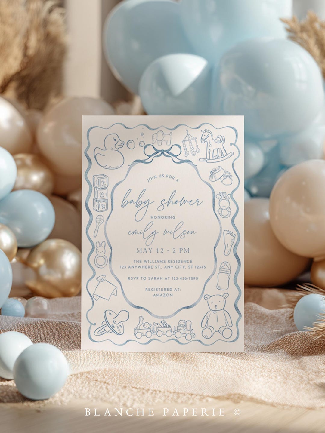 Dusty Blue Toile Baby Shower Invitation - Editable Canva Template - Etsy