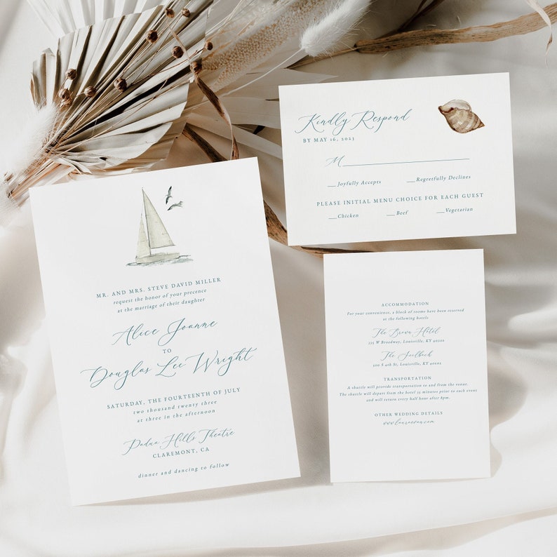 Nautical Wedding Invitation Watercolor Sail Boat Wedding - Etsy