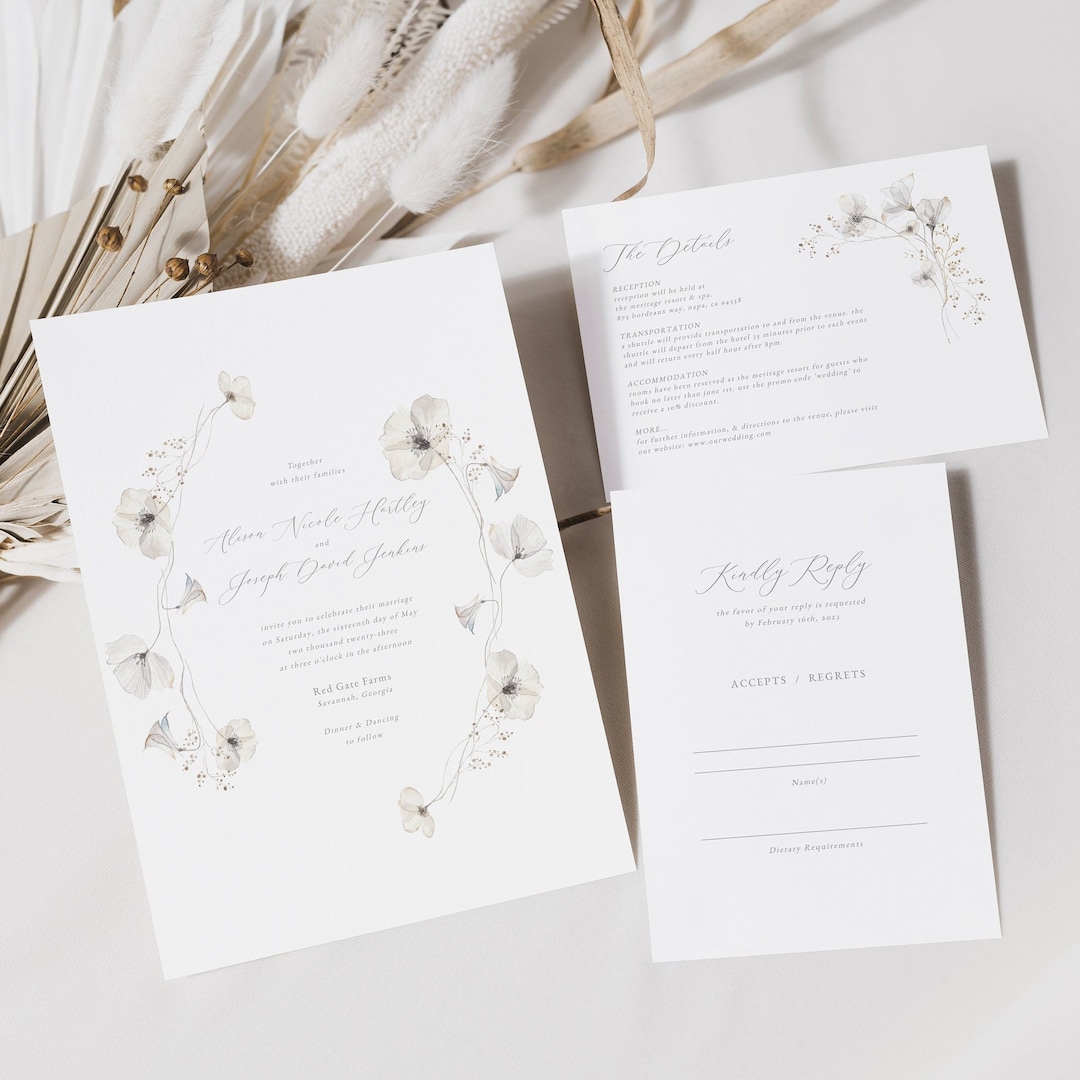 Delicate Floral Wedding Invitation Set, Ethereal Wedding Set, Neutral ...