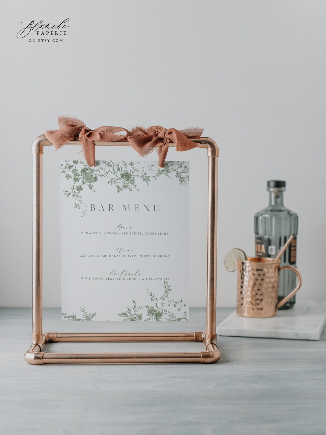 Green Floral Bar Menu Sign Template, Wedding Drink Sign, Vintage Green ...