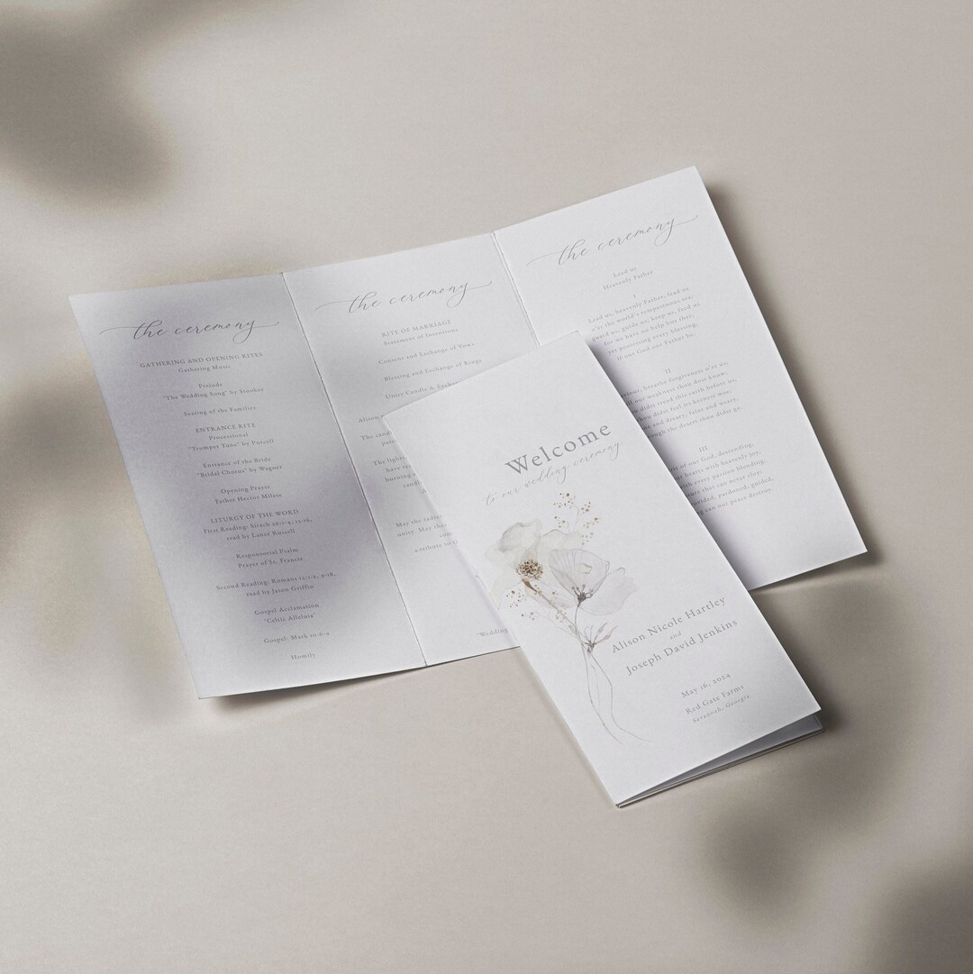 Trifold Wedding Program Template, White Floral Wedding Program, Wedding ...