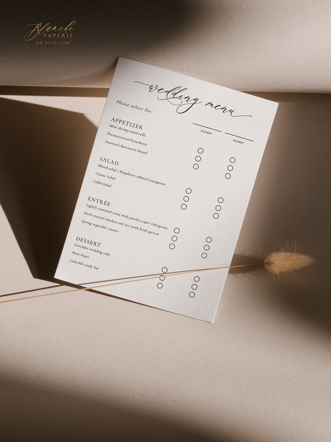 Elegant Menu Selection Card, Wedding Menu Option Card, Modern Menu Card ...