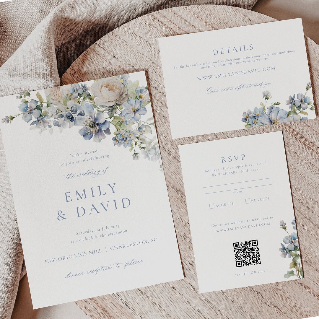 Dusty Blue Floral Wedding Set, Dusty Blue Floral Invitation Template ...