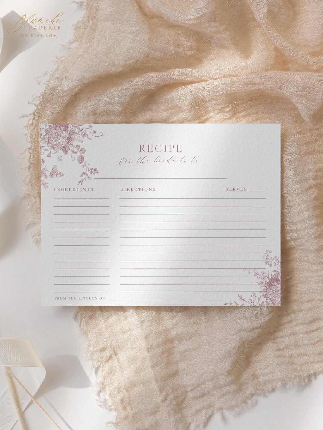 Rose Floral Recipe Card Template, Printable Bridal Shower Recipe Insert ...