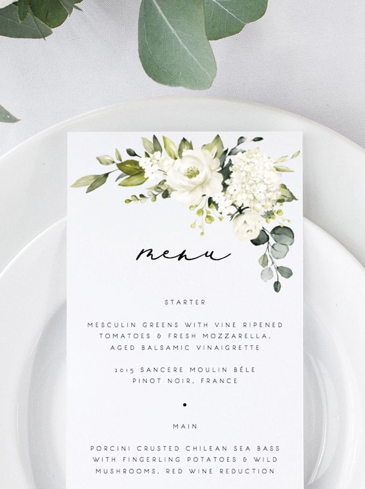 White Rose Wedding Menu Template Greenery Printable Menu Menu | Etsy