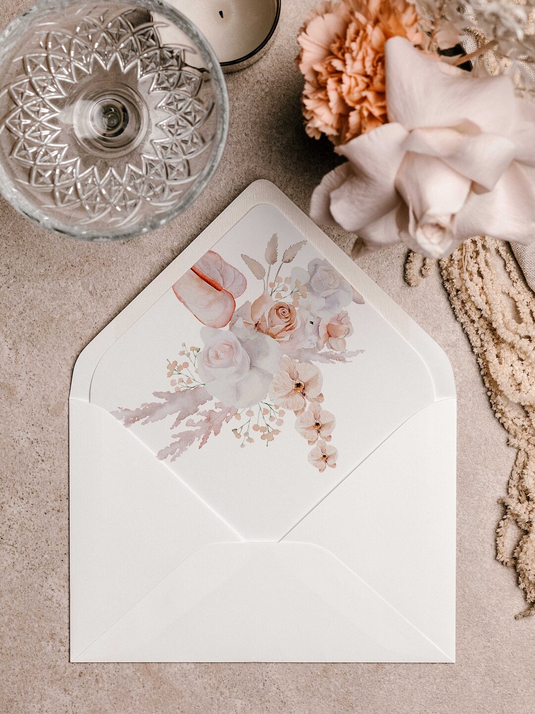 Soft Pink Floral Envelope Liner Template, Boho Envelope, Orchid, Pampas ...