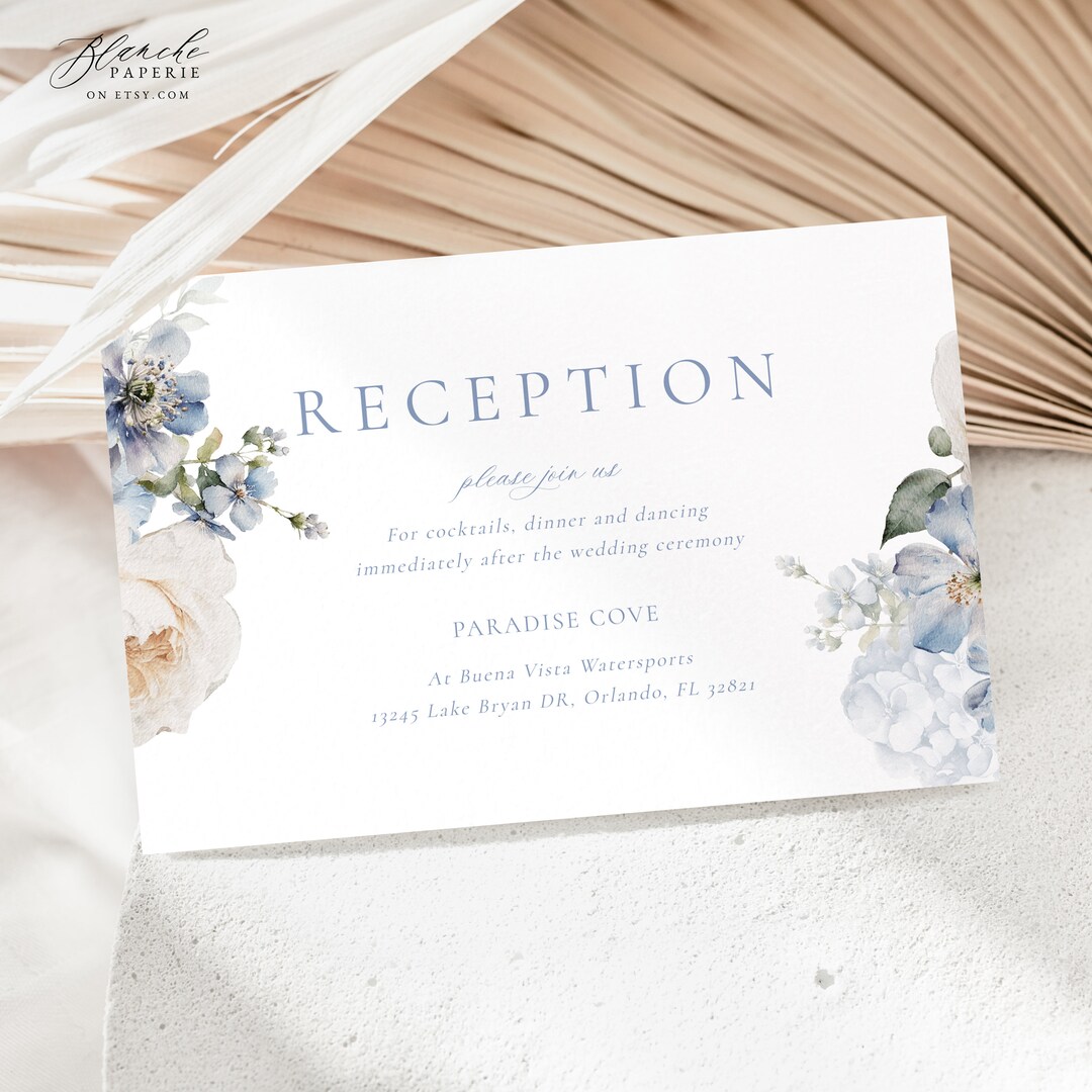 Dusty Blue Floral Reception Card, Printable Reception Card, Wedding ...