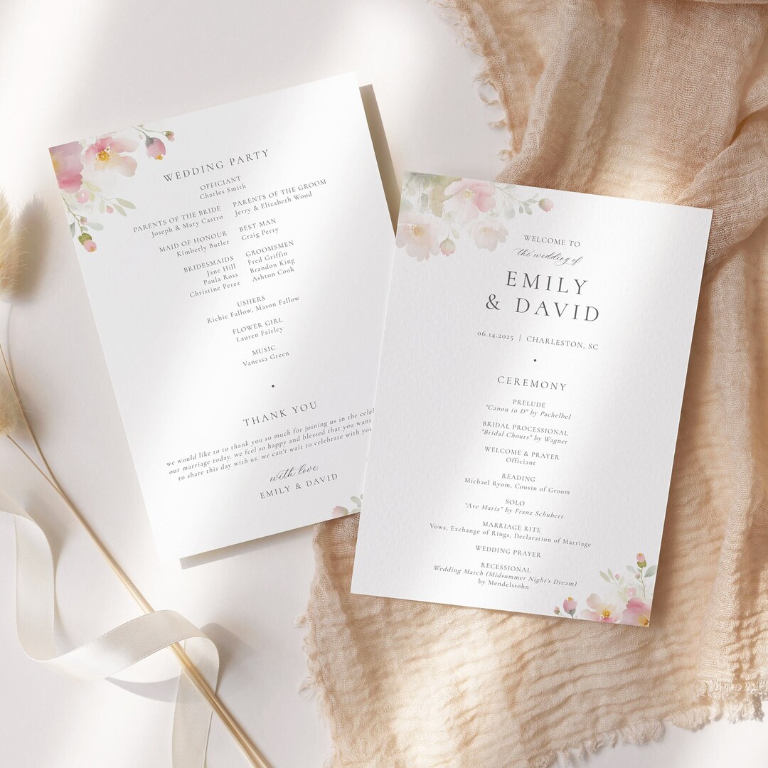 Blush Floral Ceremony Program Fan, Minimalist Program Template, Double Sided Watercolor Wedding ...