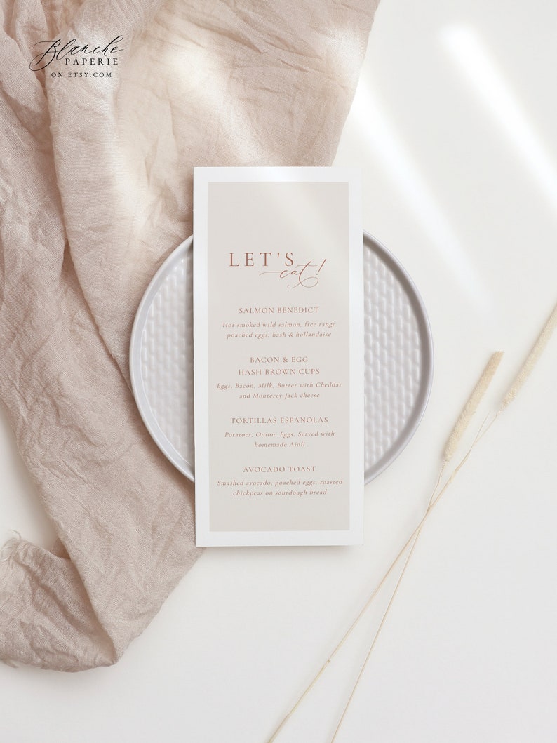 Boho Minimalist Menu Template, Printable Bridal Shower Menu, Editable ...