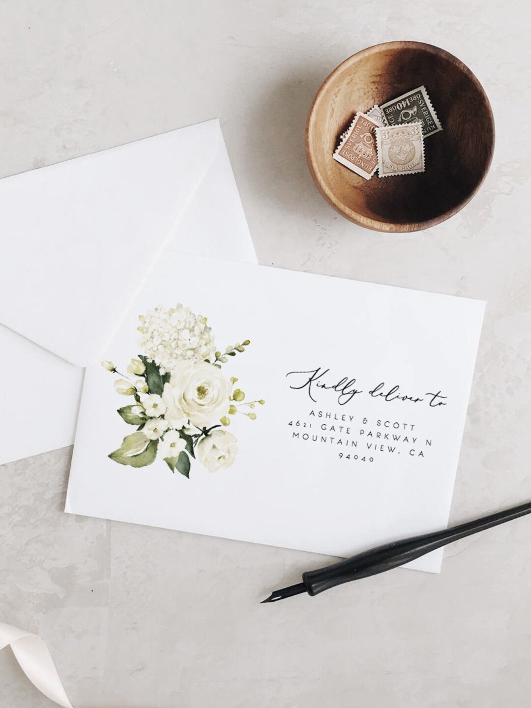 Floral Envelope Addressing Template White Rose Wedding Envelope Address ...