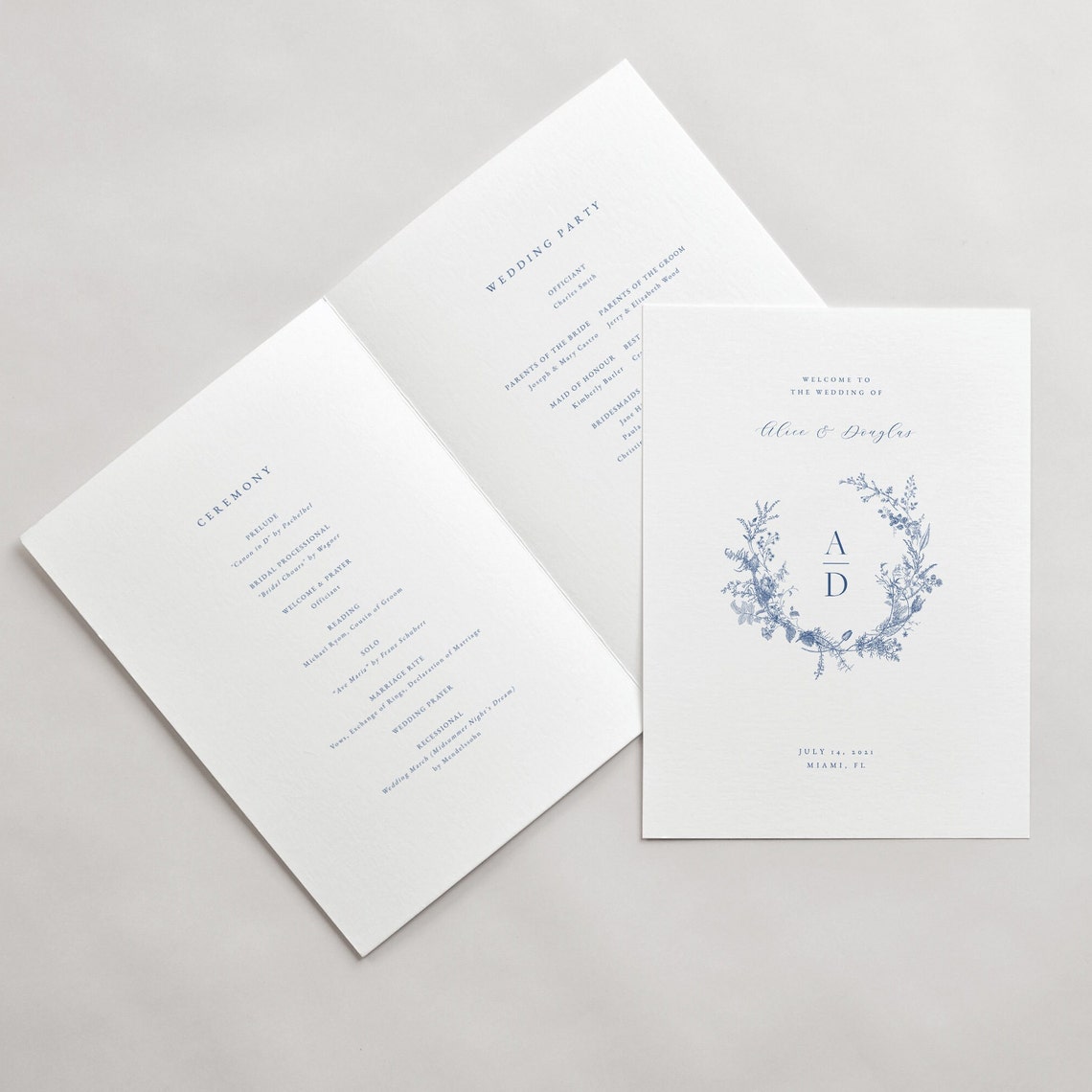 Blue Floral Ceremony Program, Minimal Wedding, Program Template ...