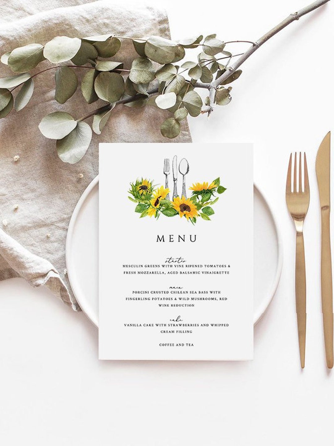 Sunflower Menu Template Knife Fork Spoon Printable Menu Card Country ...