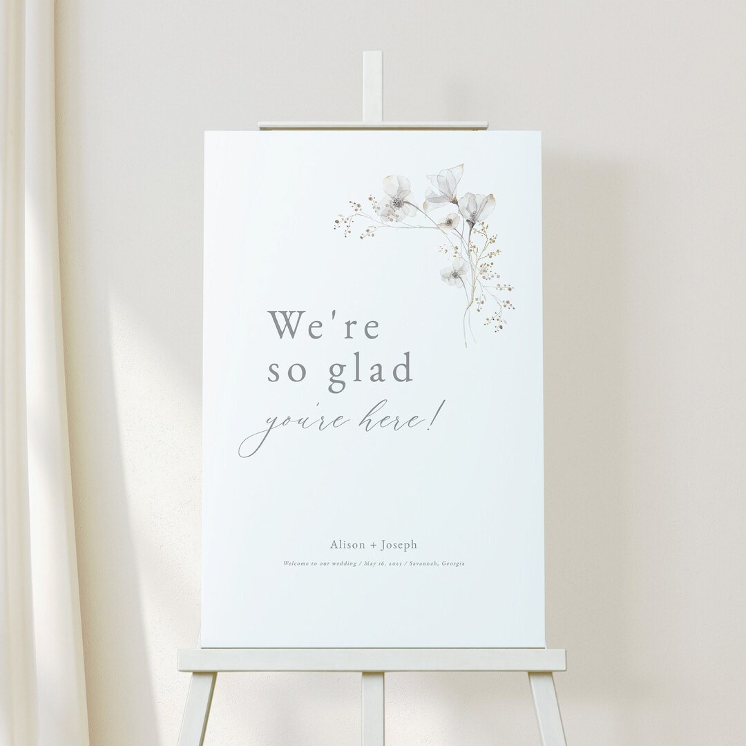 We're so Glad You're Here Sign, Minimalist Welcome Sign, White Floral ...