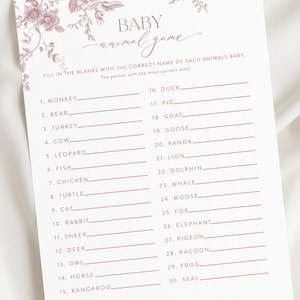 Baby Animal Game Baby Shower Game Printable, Dusty Pink Floral Baby ...
