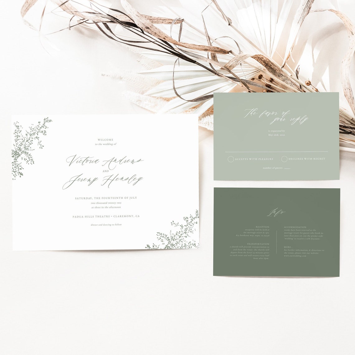 Sage Green Wedding Invitation Template, Editable Invite, Greenery ...