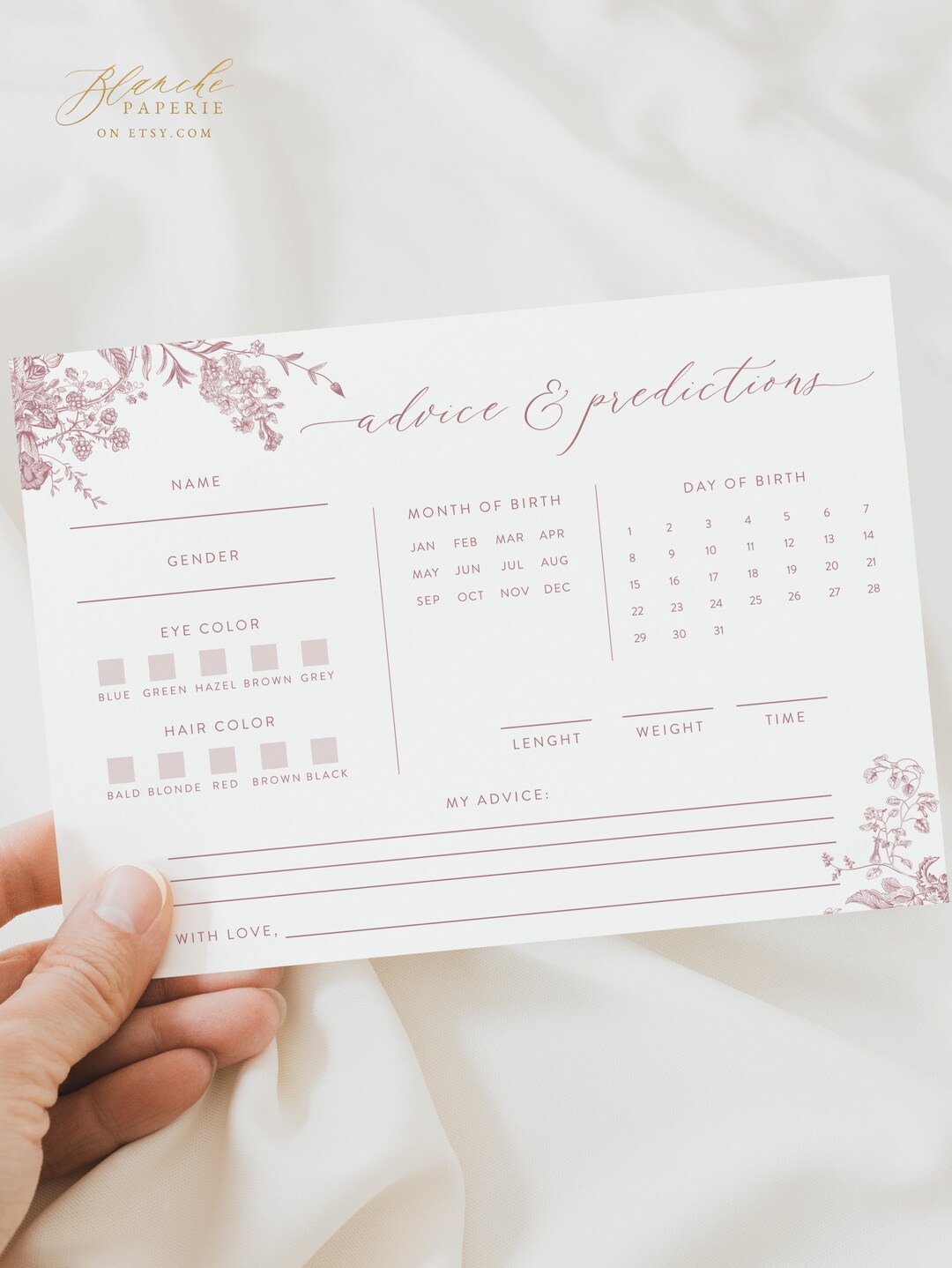 Baby Advice and Predictions Card, Dusty Pink Floral Baby Shower, Baby ...