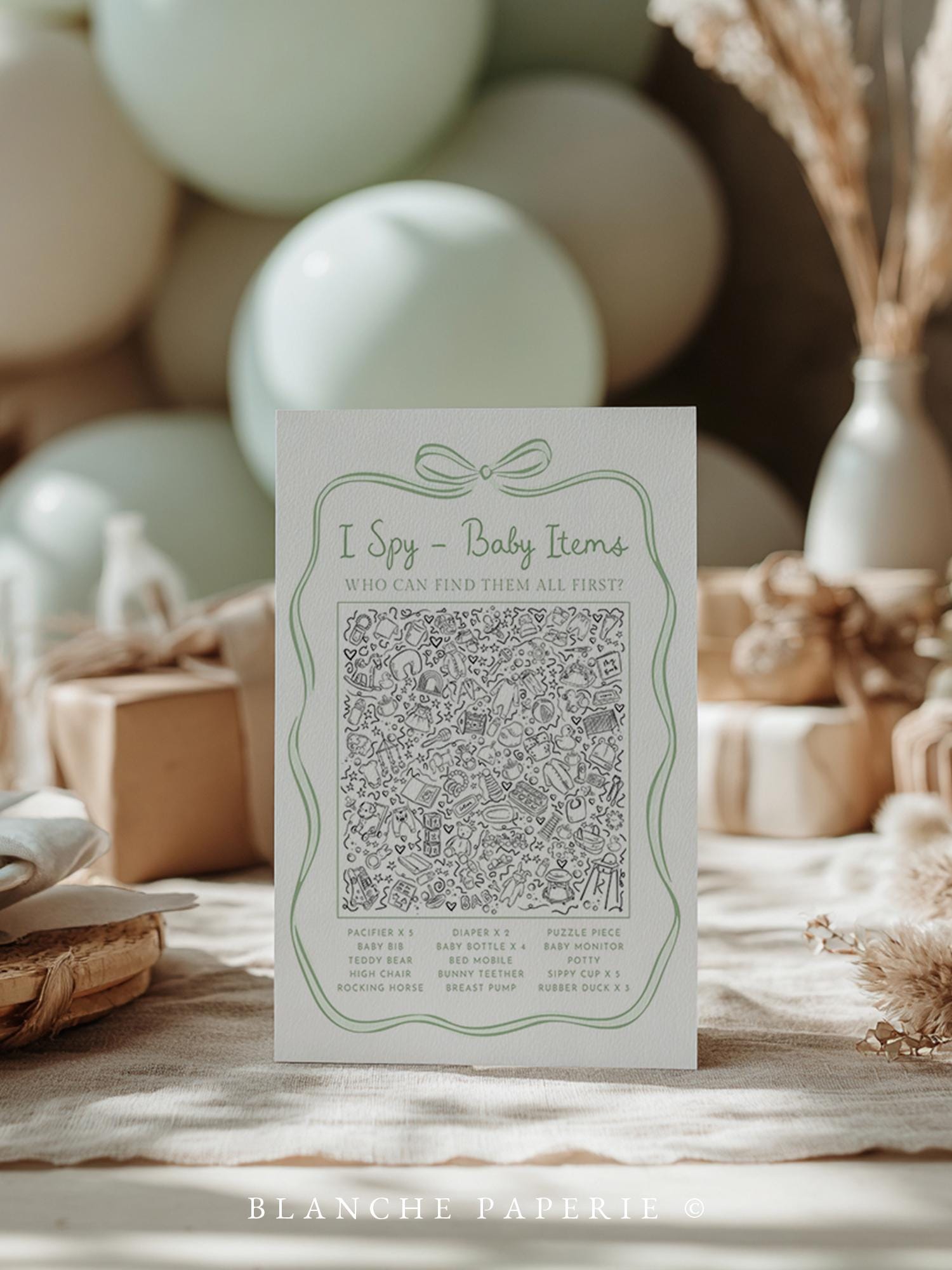 I Spy - Hidden Object Baby Shower Game Card (sage Green Bow), Gender ...
