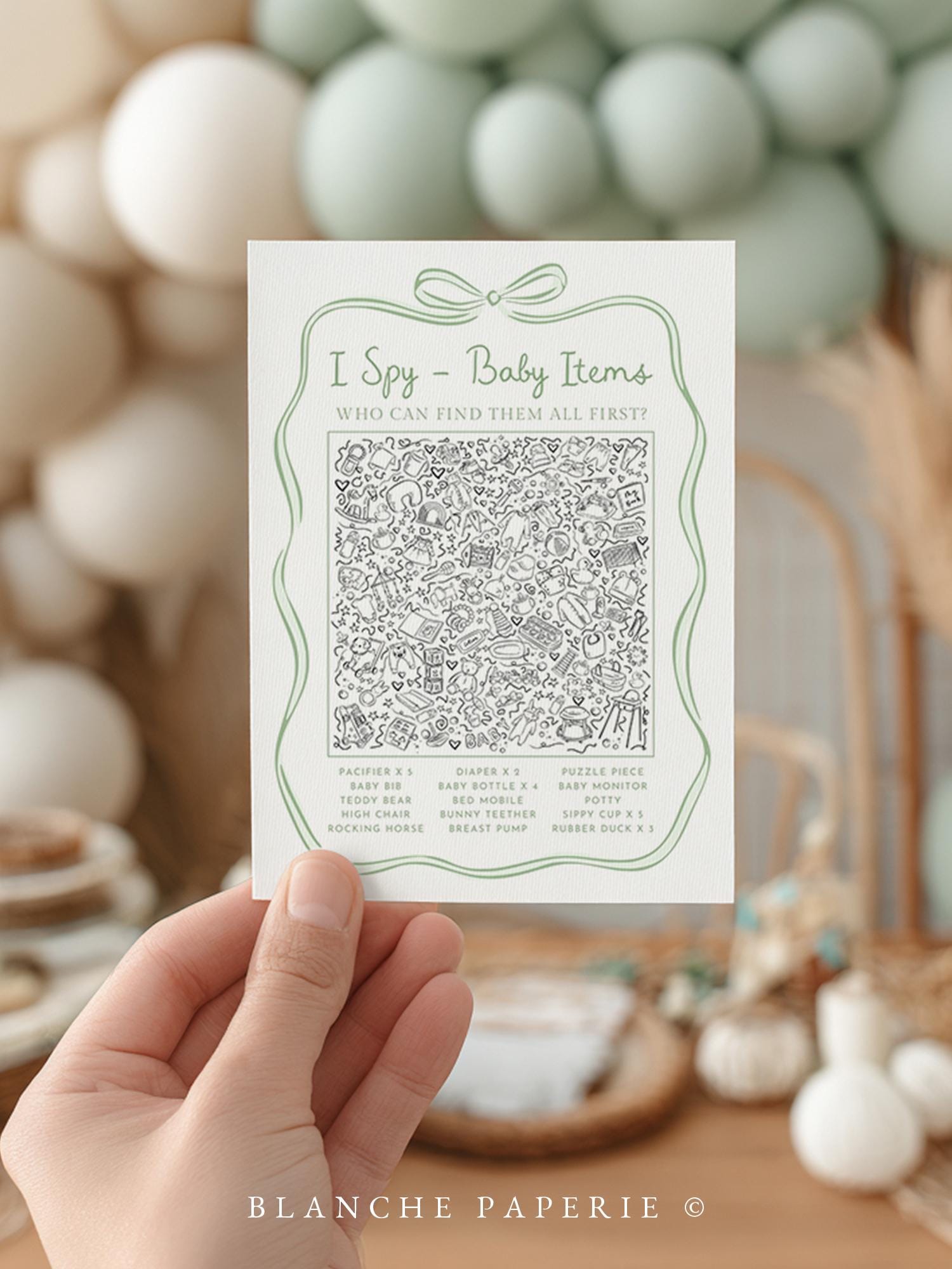 I Spy - Hidden Object Baby Shower Game Card (sage Green Bow), Gender ...