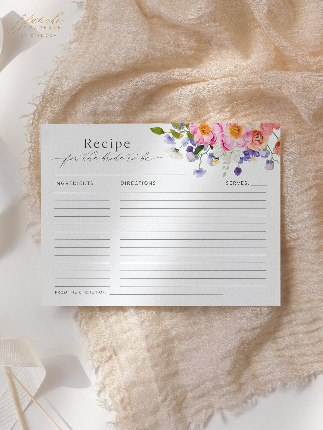 Bright Colorful Floral Recipe Card Template, Printable Bridal Shower ...
