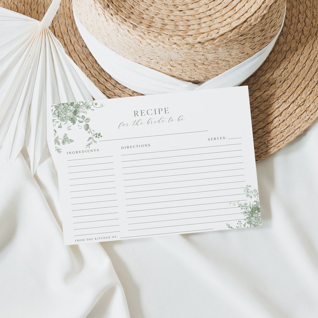 Green Floral Recipe Card Template, Printable Bridal Shower Recipe ...