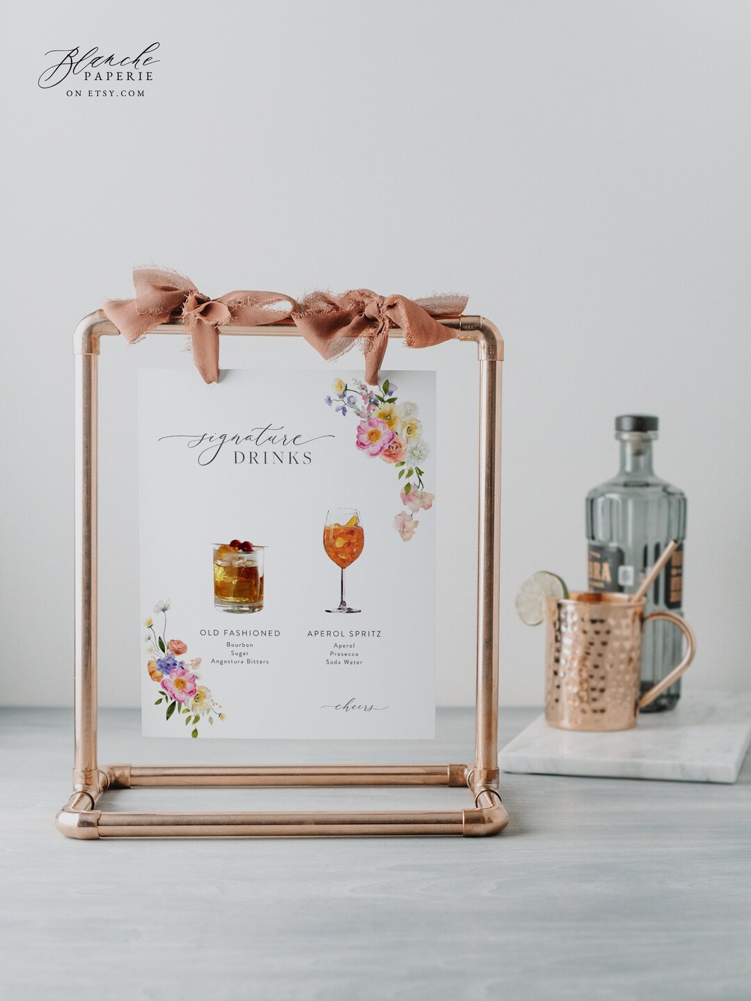 Colorful Floral Signature Cocktails Sign, Bar Menu Template, Minimalist ...
