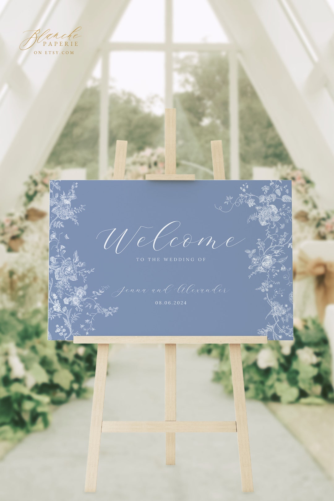 Dusty Blue Floral Welcome Sign, Wedding Sign Template, Romantic Vintage ...