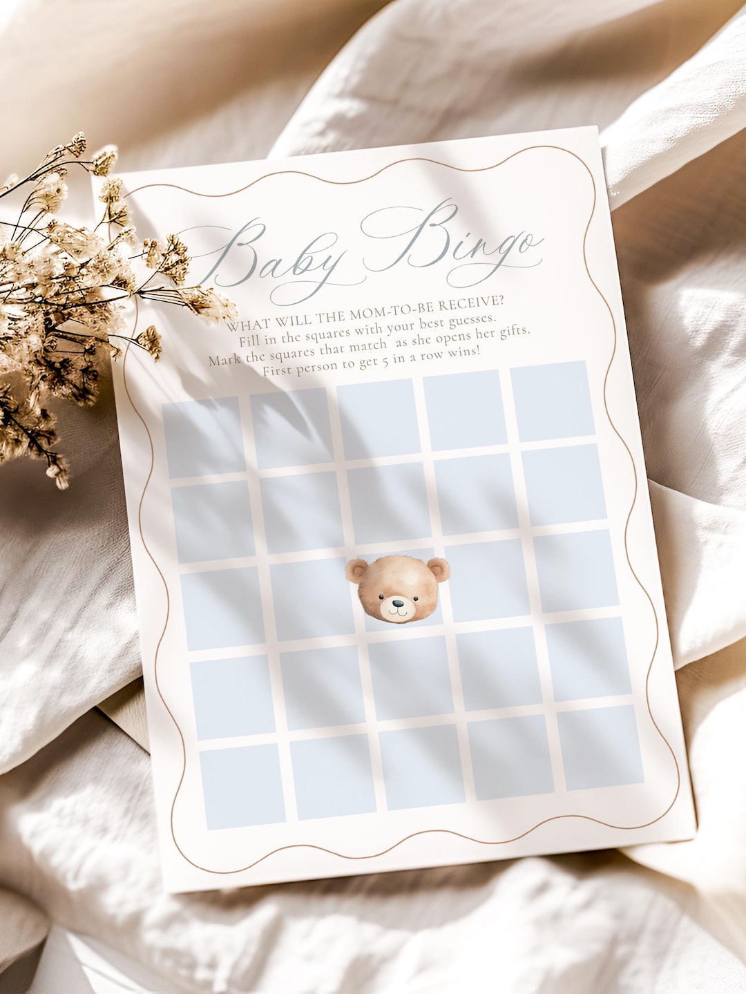 Blue Teddy Bear Baby Shower Bingo Game – We Can Bearly Wait Theme ...