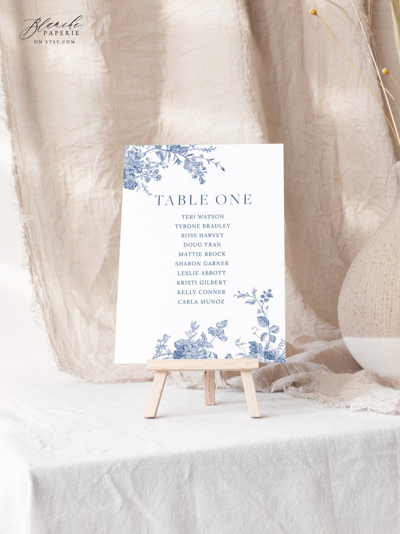 Vintage Floral Table Number With Seating, Royal Blue Floral Wedding ...
