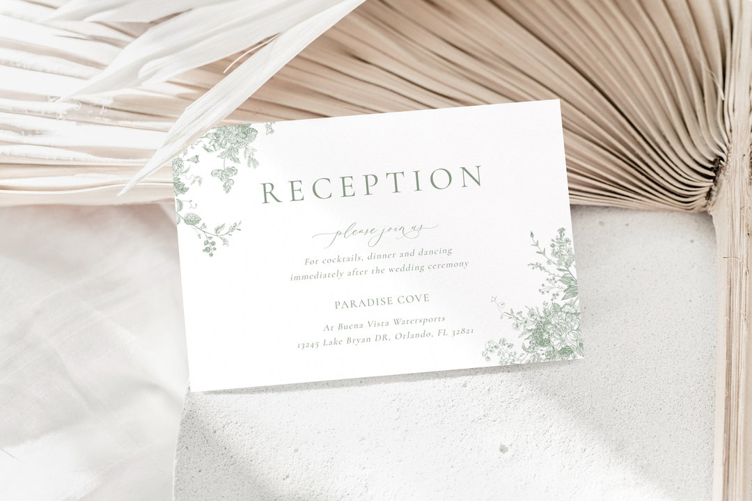 Sage Green Floral Reception Card, Printable Reception Card, Wedding ...