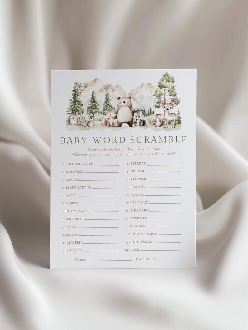 Woodland Baby Shower Word Scramble Game – With Forest Animals (instant ...