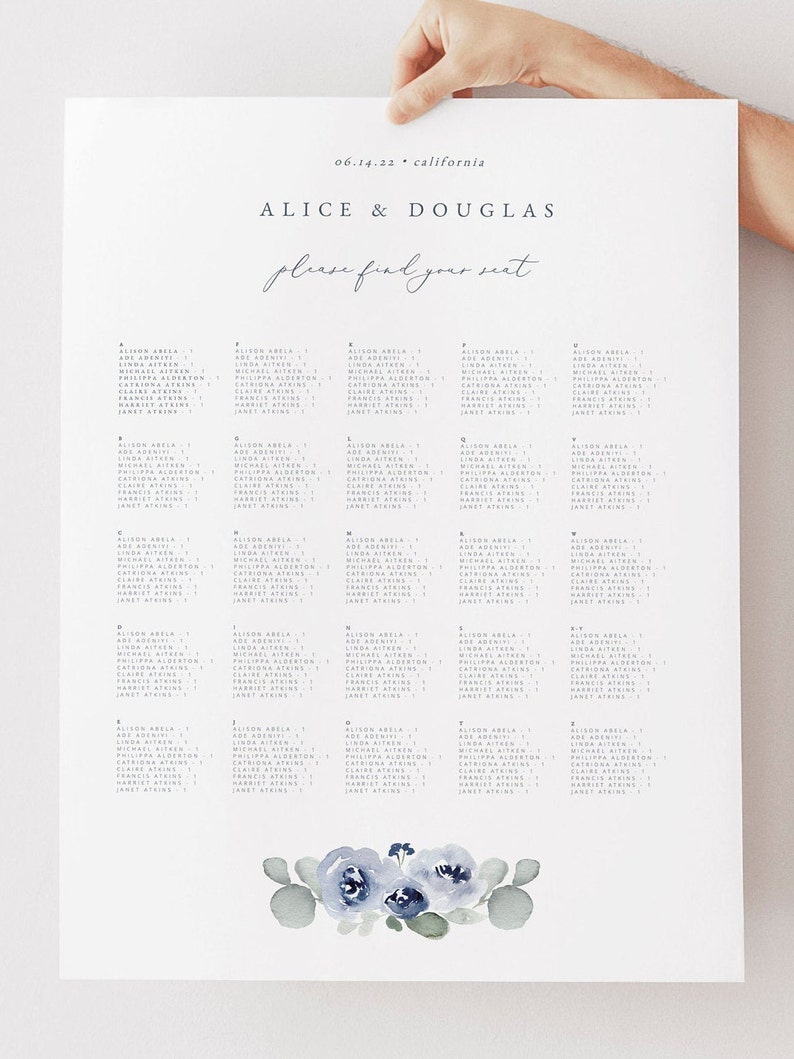 Blue Floral Seating Chart, Dusty Blue Seating Chart Template, Seating ...