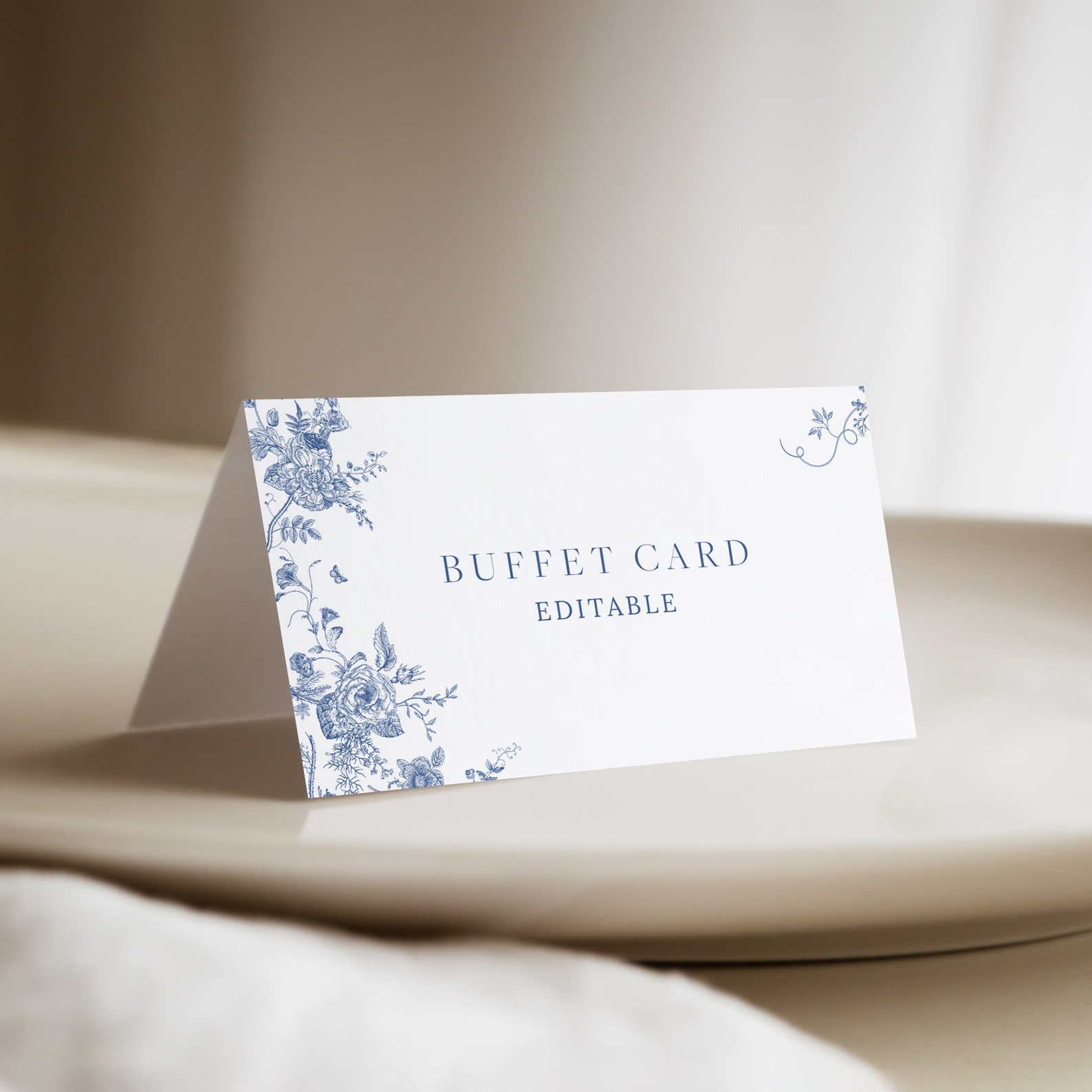 Navy Blue Floral Buffet Card Template, Bridal Shower Food Label Card ...