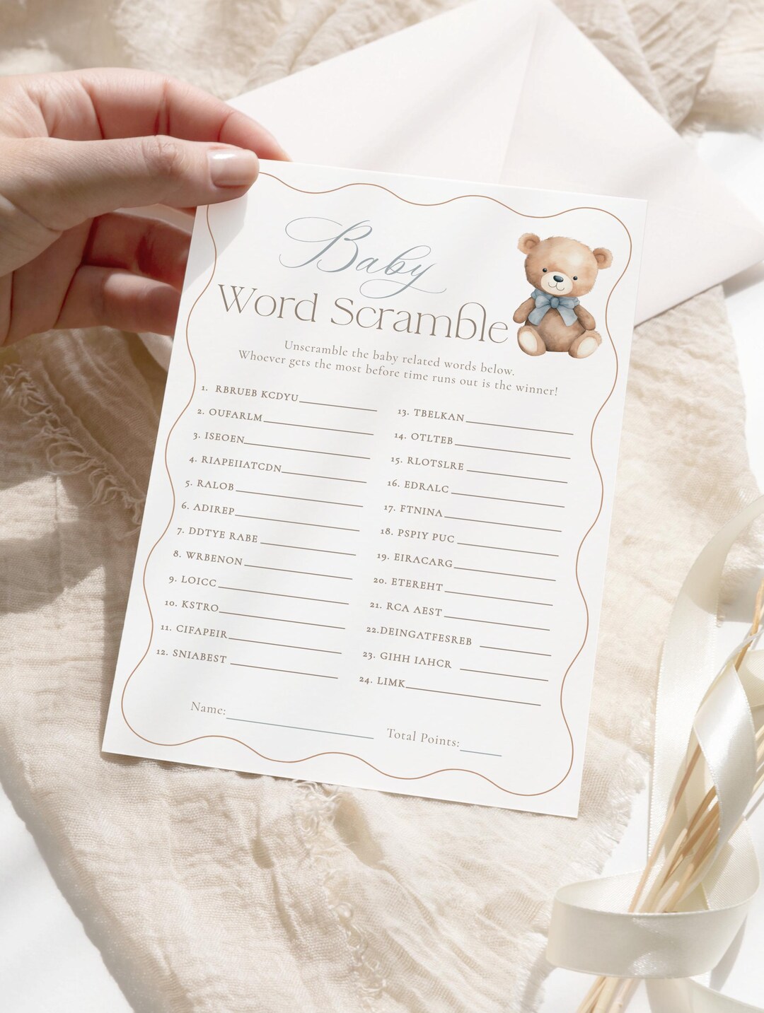 Blue Teddy Bear Baby Shower Word Scramble Game – We Can Bearly Wait ...