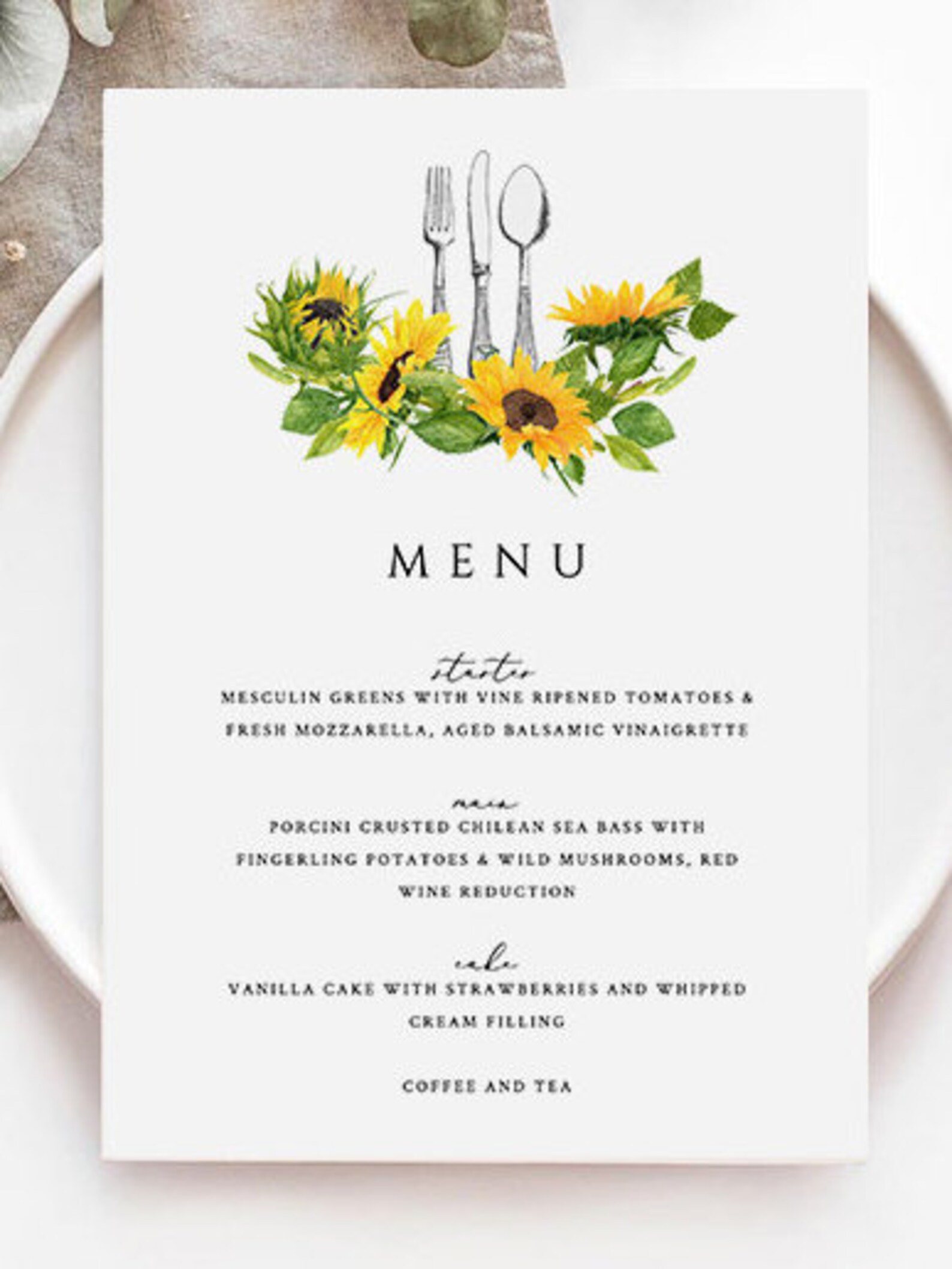 Sunflower Menu Template Knife Fork Spoon Printable Menu Card - Etsy