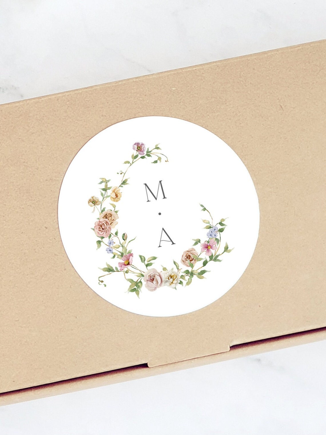 Wildflower Crest Round Wedding Favor Sticker Template, Minimalist Logo ...