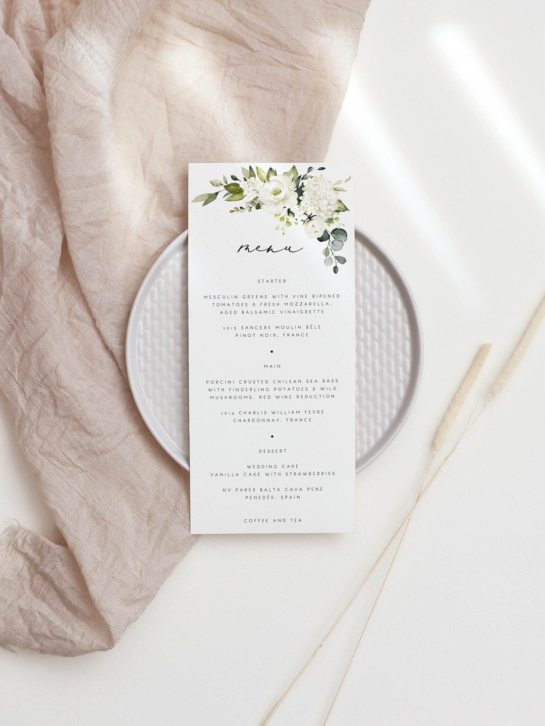 White Rose Wedding Menu Template Greenery Printable Menu Menu Editable ...