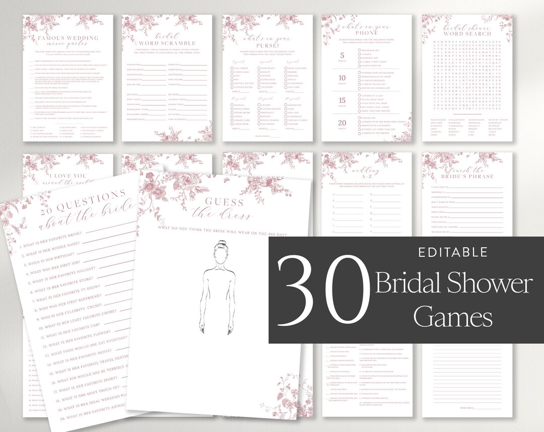 Dusty Pink Floral Bridal Shower Games Bundle, Vintage Theme (printable ...