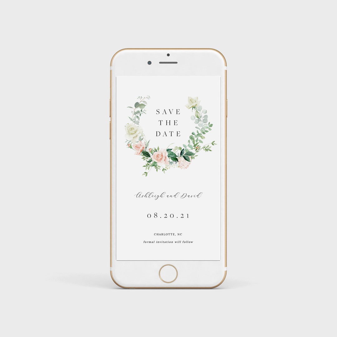 Text Message Save the Date Template, Pink Floral Wreath, Greenery ...