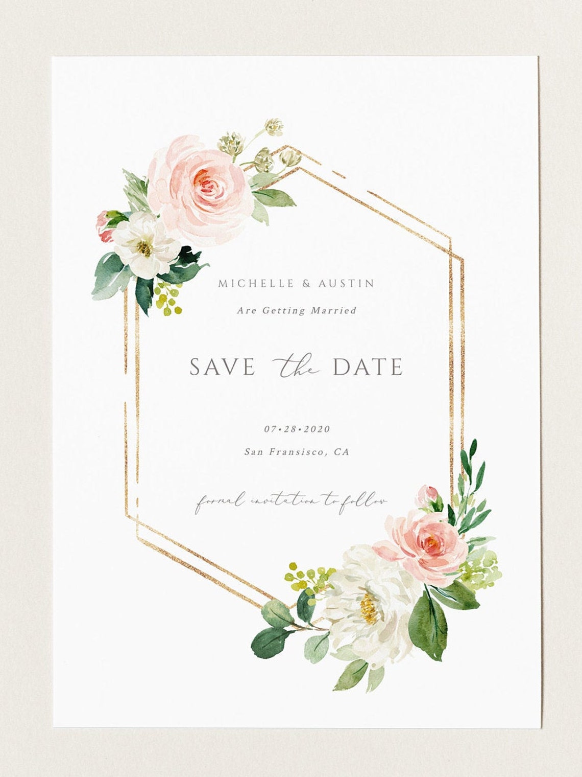 Blush Pink Floral Save the Date Template Printable Gold Floral | Etsy