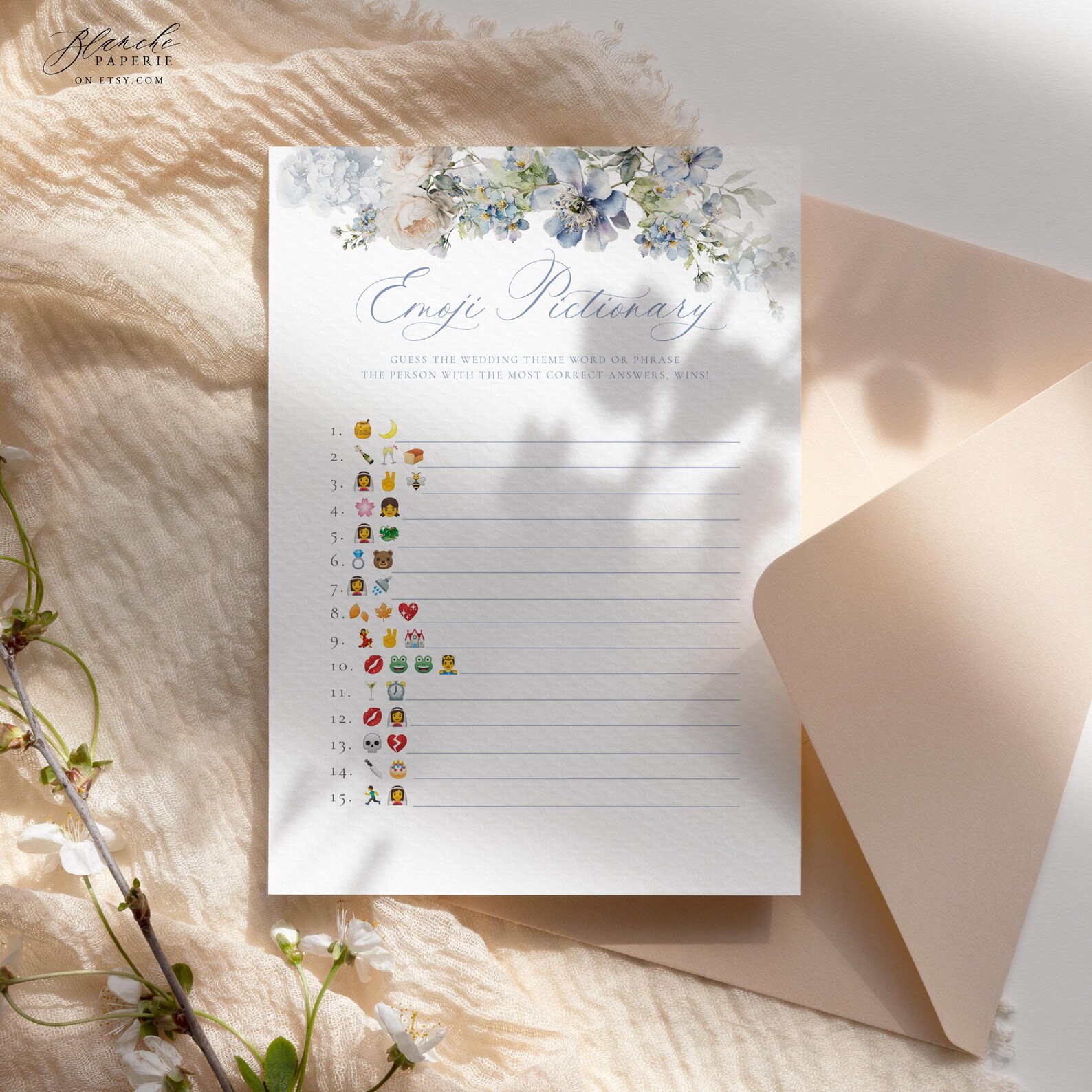 Dusty Blue Floral Bridal Shower Emoji Pictionary Game (editable ...
