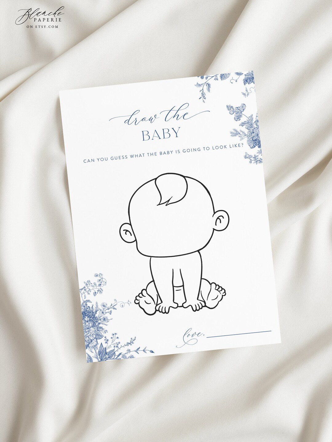 Draw the Baby Game, Blue Floral Baby Shower Game, Floral Draw Baby Game ...