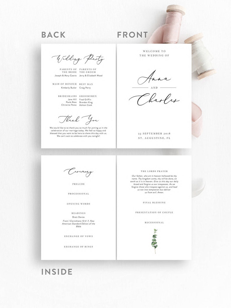 Program Booklet Wedding Ceremony Template Calligraphy Folded - Etsy