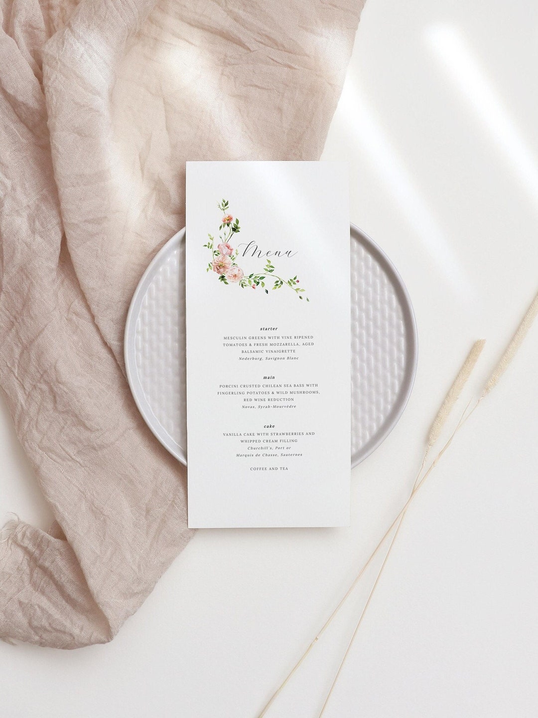 Peony Menu, Floral Wedding Menu, Modern Floral Menu, Pink Peony, Simple ...