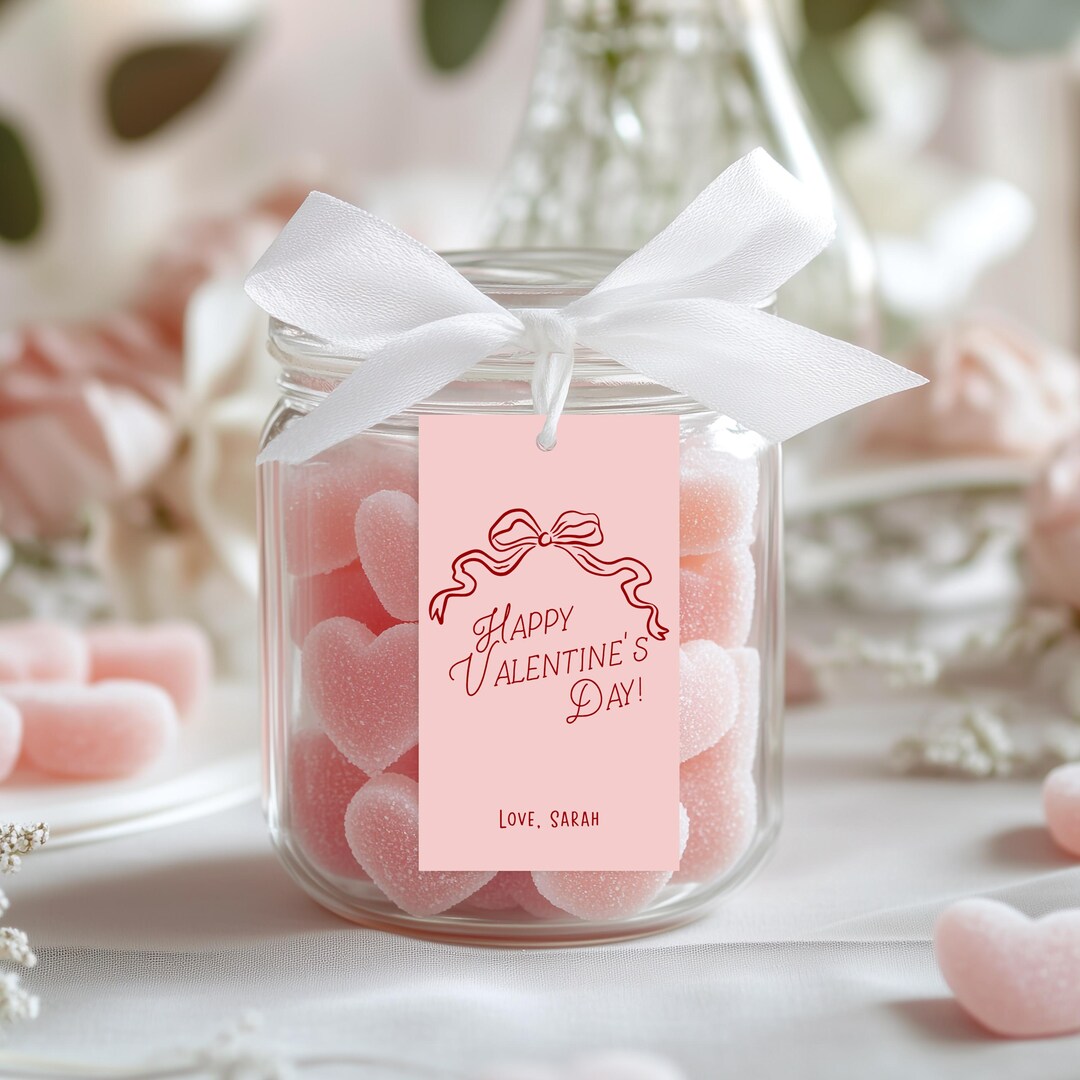 Editable Valentine's Day Tag, Pink Red Bow Valentine Gift Tag, Doodle ...